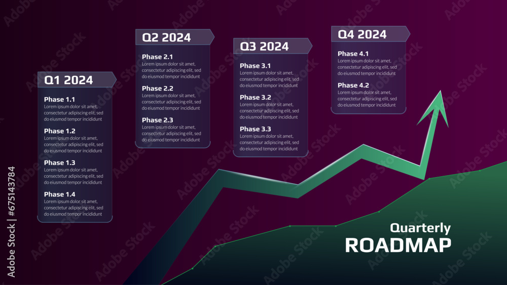 Roadmap with upward trend arrow and stages on dark purple background ...