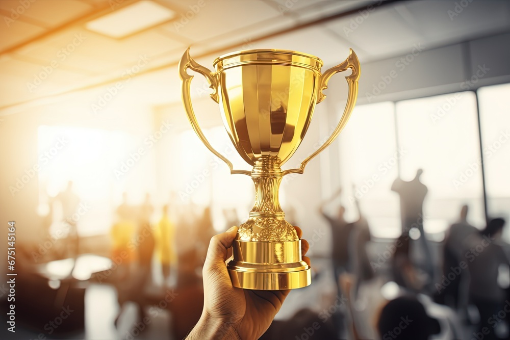 Hand holding up a golden cup. Awards of winners and successes ...
