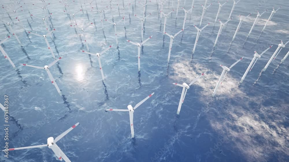 Offshore wind turbines farm, wind turbines farm in the sea, with snowy ...