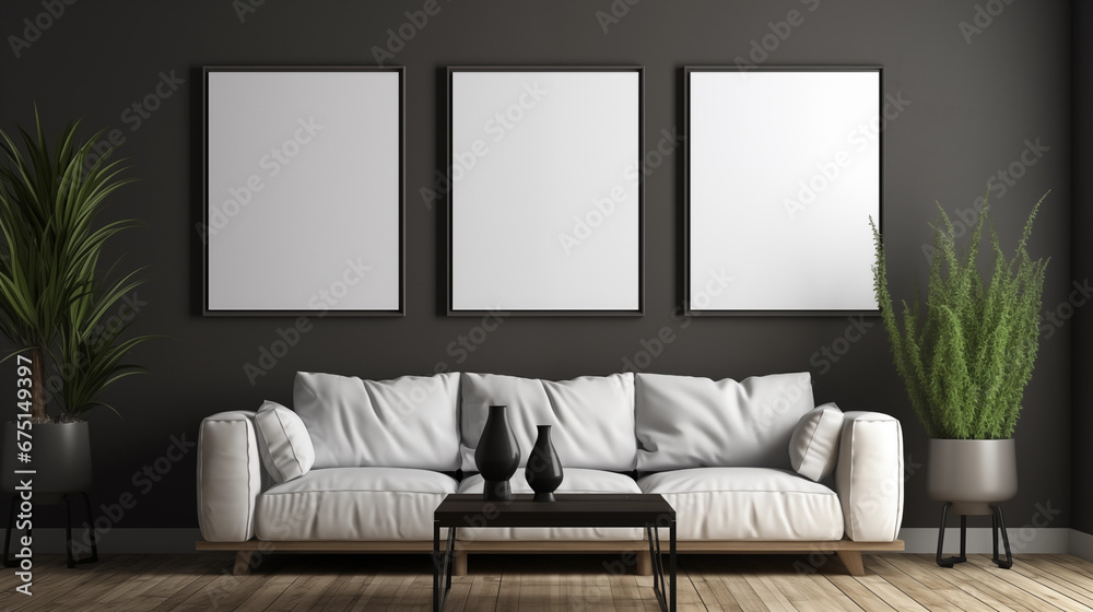 Mockup of Three Frames on the Wall: Minimalist Interior Design, Perfect ...