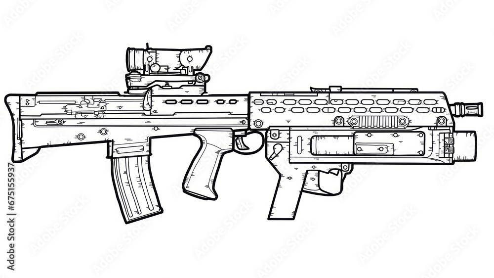 Close-up of a bullpup assault rifle with a grenade launcher and an ...