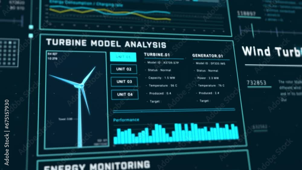 Futuristic wind turbine energy control center interface design, digital ...