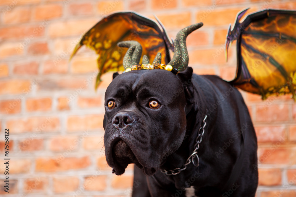Black Cane Corso dog in a dragon costume with wings and horns on the ...
