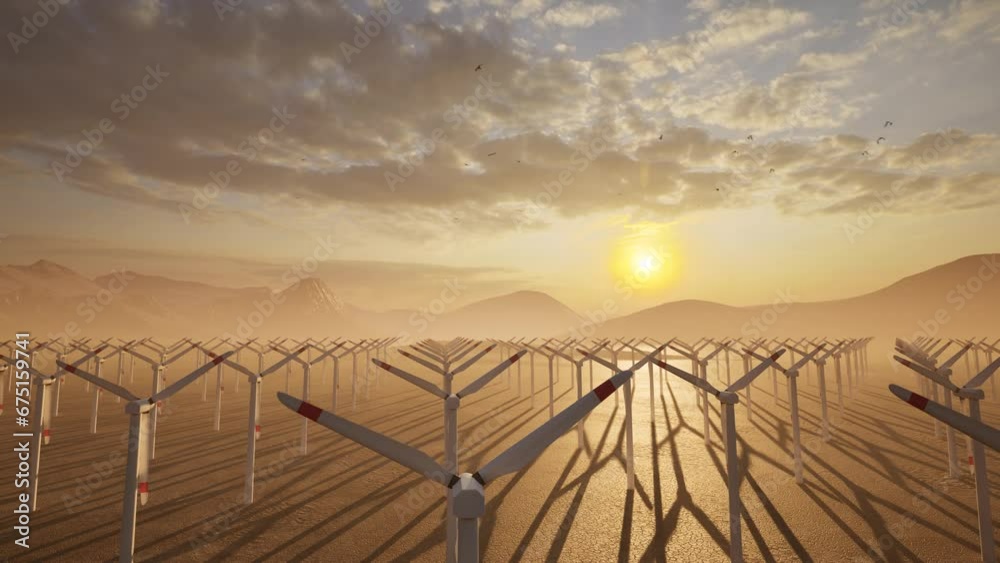 Wind turbines farm in the desert at sunset, 3D animation, animated ...