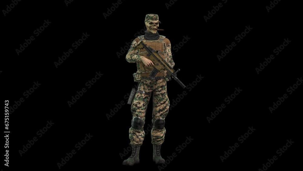 A skeleton head soldier wearing a military uniform, holding a machine ...