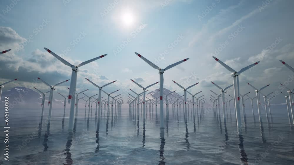 Offshore wind turbines farm, wind turbines farm in the sea, with snowy ...