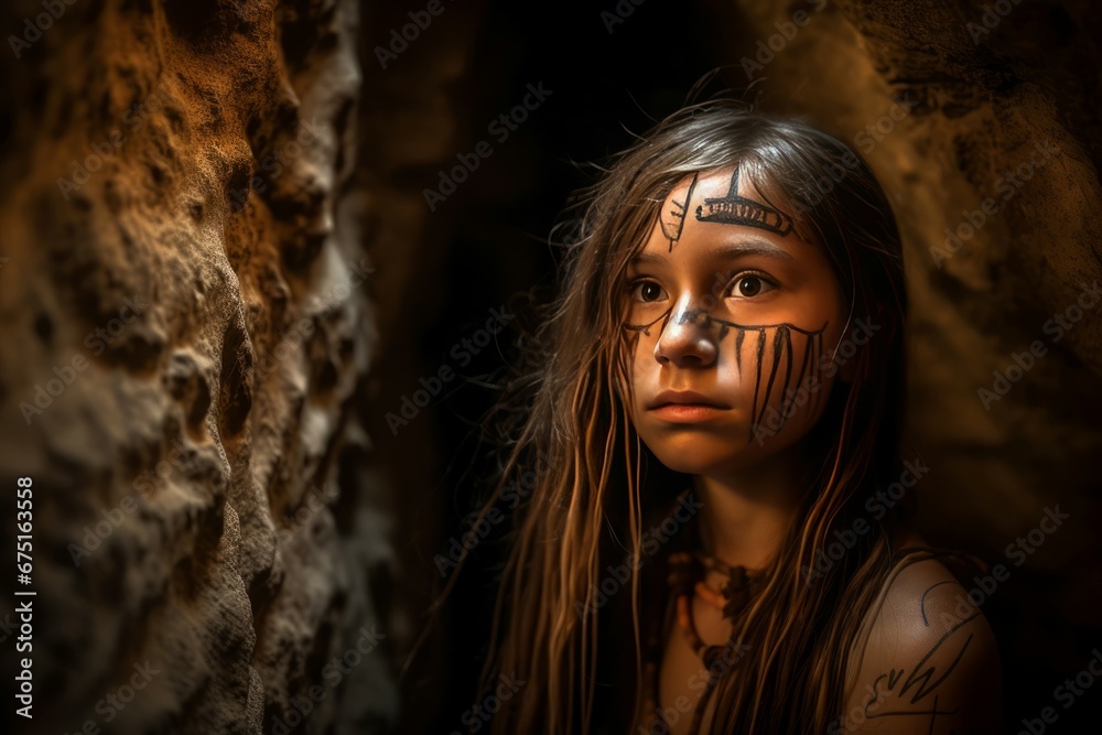 Tribe girl in cave with painted face. Prehistoric little girl refugee ...