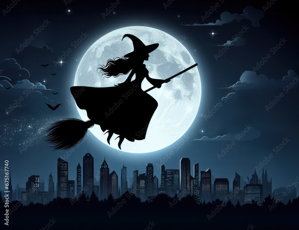 witch flying on a broom in the night, moon and city skyline as a ...