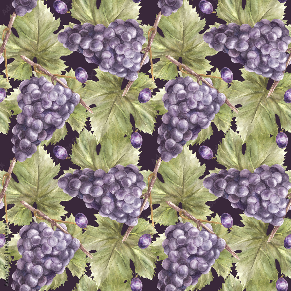 Watercolor painted seamless pattern with grapevine, bunches, grape ...