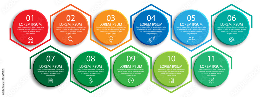 colorful infographic design, 11 step infographic with various ...
