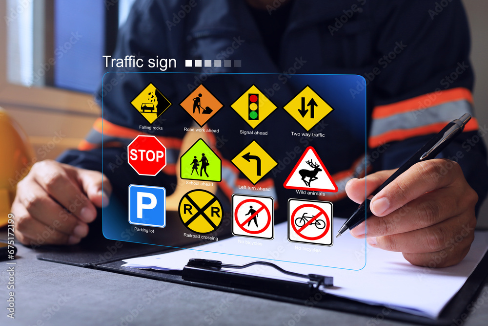 Transport staff working with traffic sign on the office table to ...