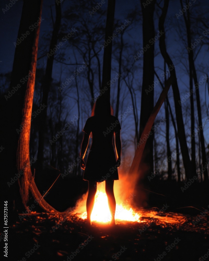 A silhouette of a woman standing in front of a bonfire in the forest in ...