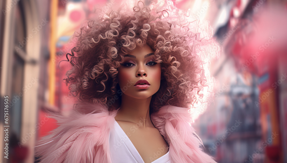 erotic portrait of a young woman in a soft pink fluffy coat exudes joy ...