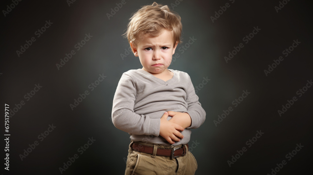 sad little boy holding his stomach, illness, cramps, health, color ...