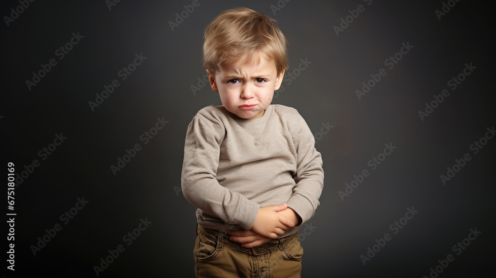 sad little boy holding his stomach, illness, cramps, health, color ...