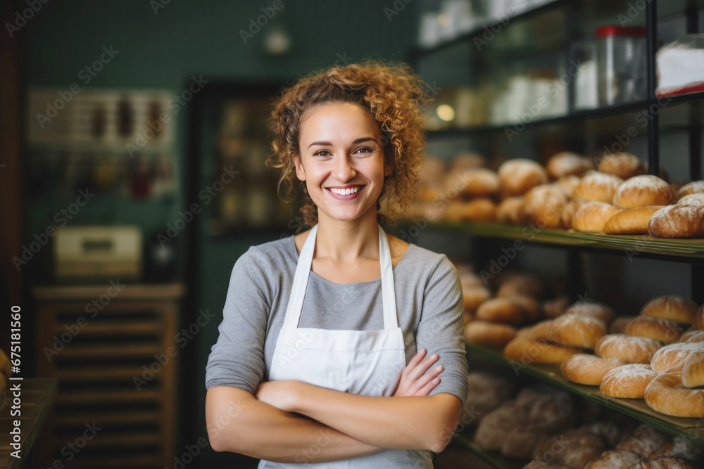Photo & Art Print Portrait happy employee woman german bakery working ...
