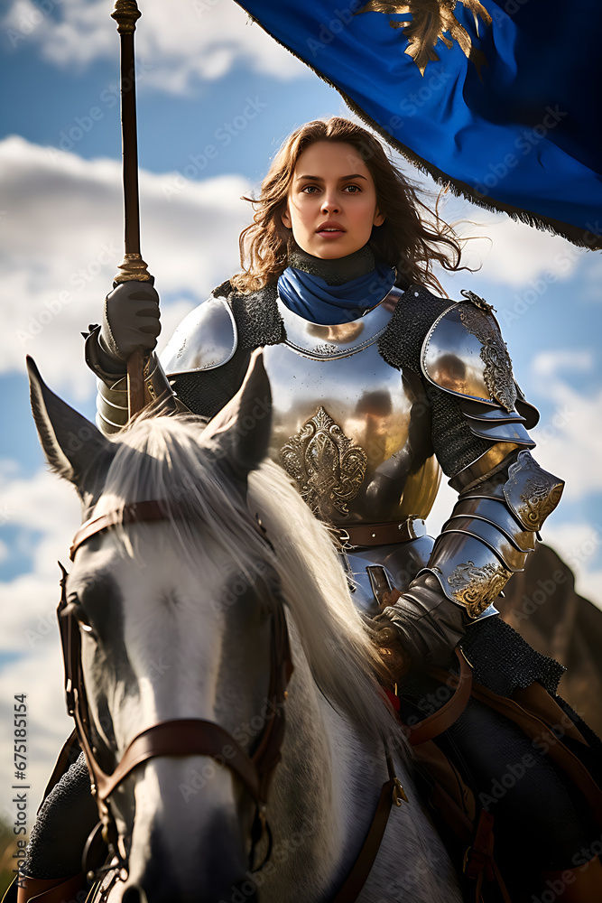 Female knight in armour on horseback , holds a blue flag ready for ...