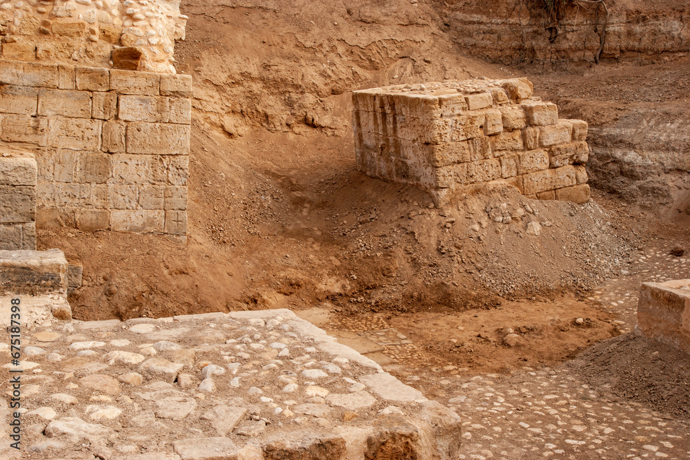 Jordan. Ruins of three Byzantine churches and marble slab - base for ...
