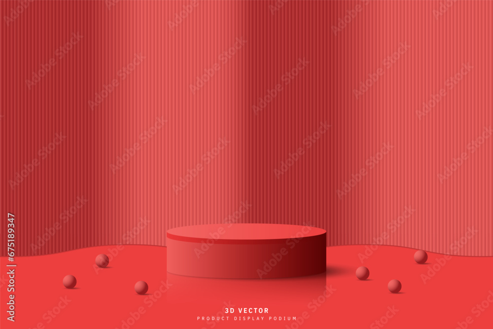 Red 3D cylinder podium pedestal realistic with wavy wall background and ...