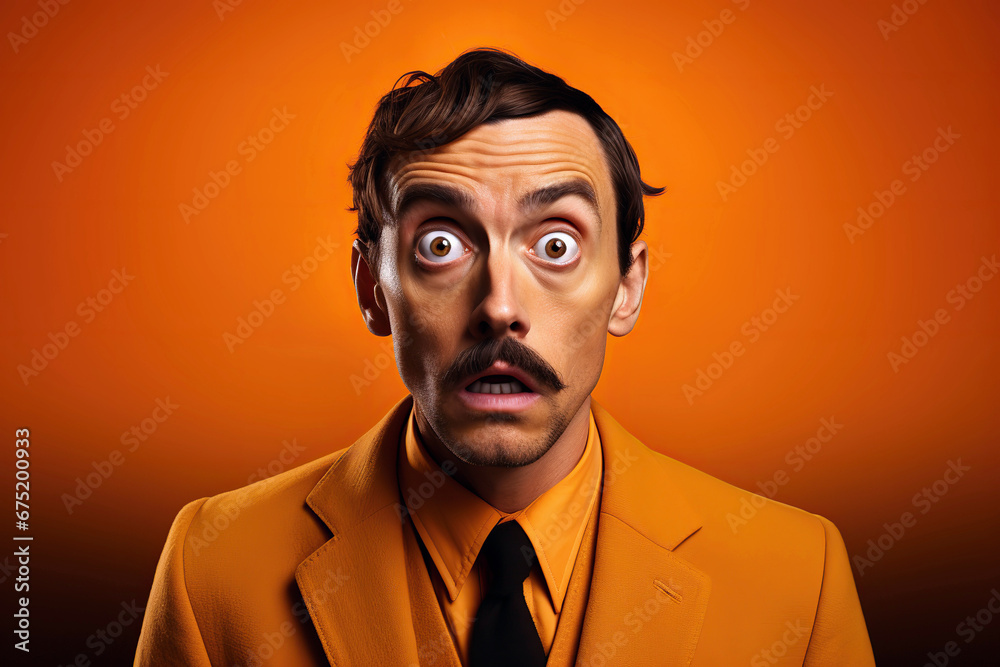 surprised happy funny man freak with a mustache in a suit with an open ...