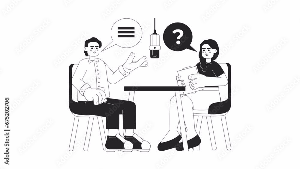 Interview podcast bw cartoon animation. Guest talks 4K video motion ...