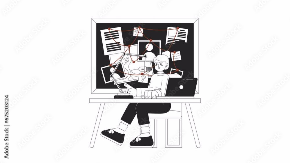 True crime podcast bw cartoon animation. Exploring unsolved mysteries ...