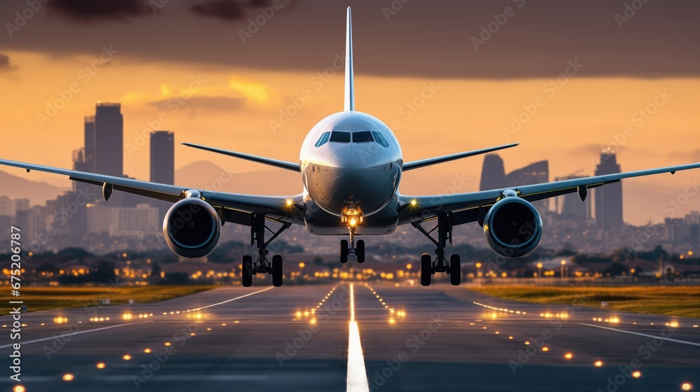 Commercial plane taking off from a busy airport runway, wheels leaving ...