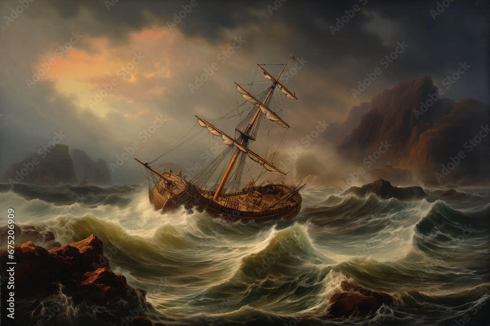 Oil Painting Ship in a Storm Crashing Waves, Dark Artwork Hang in ...
