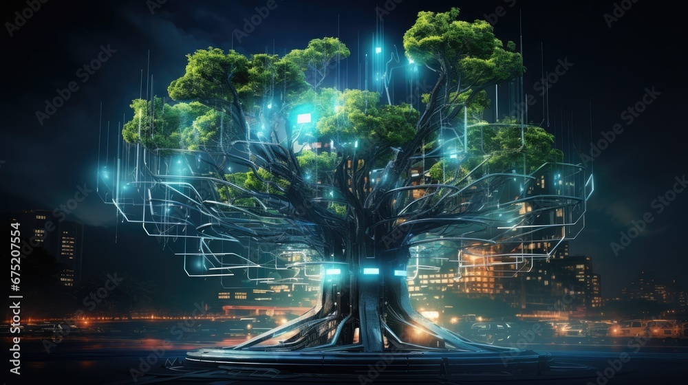 Futuristic high-tech tower surrounded by interconnected nature and ...