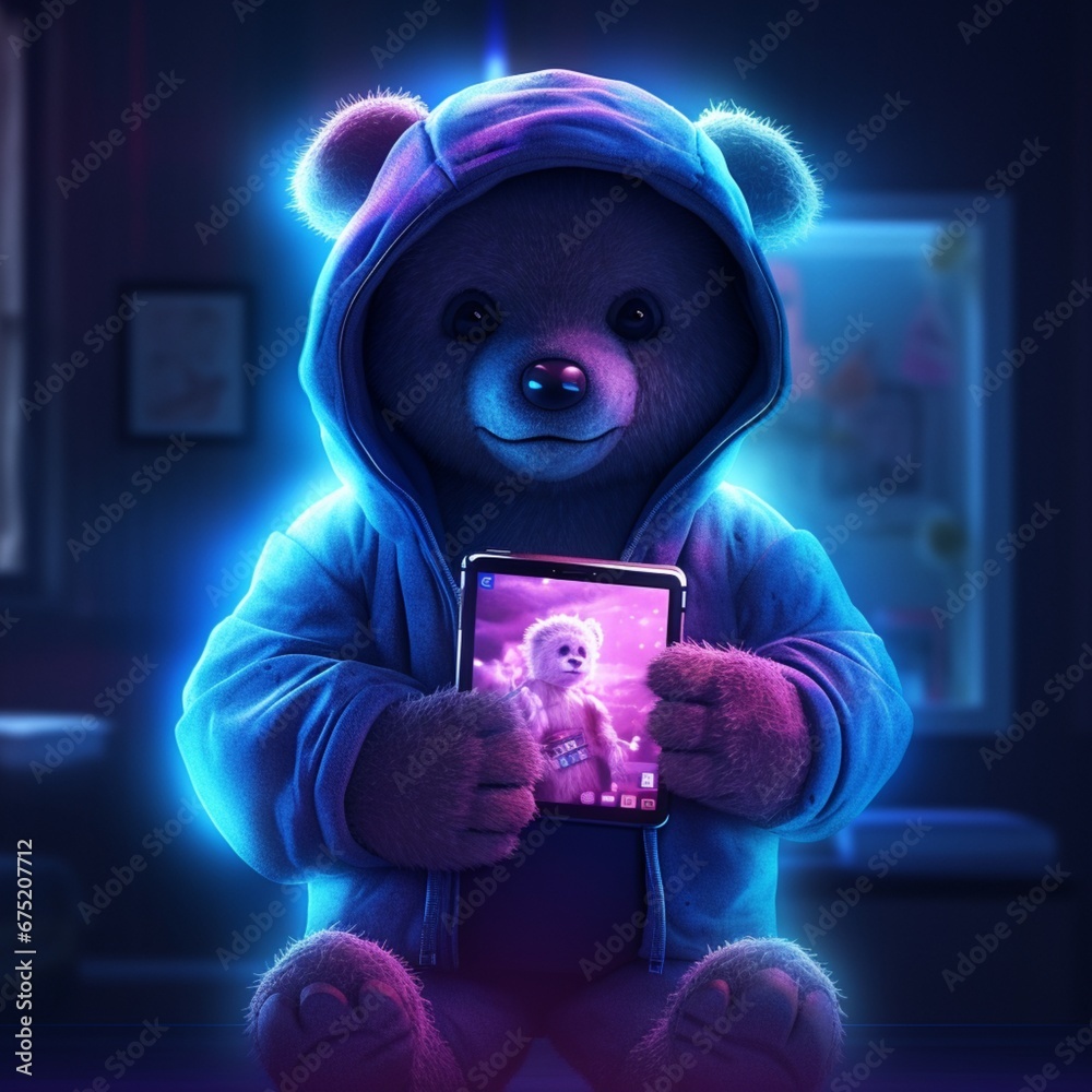 Cute teddy bear cartoon clothes neon wallpaper image AI generated art ...