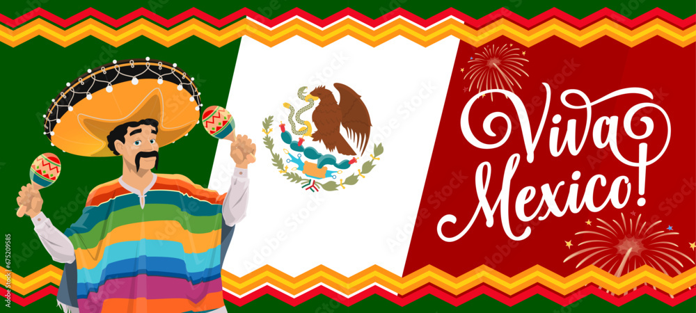 Viva Mexico Banner With National Mexican Flag And Mariachi Character Mexico Country