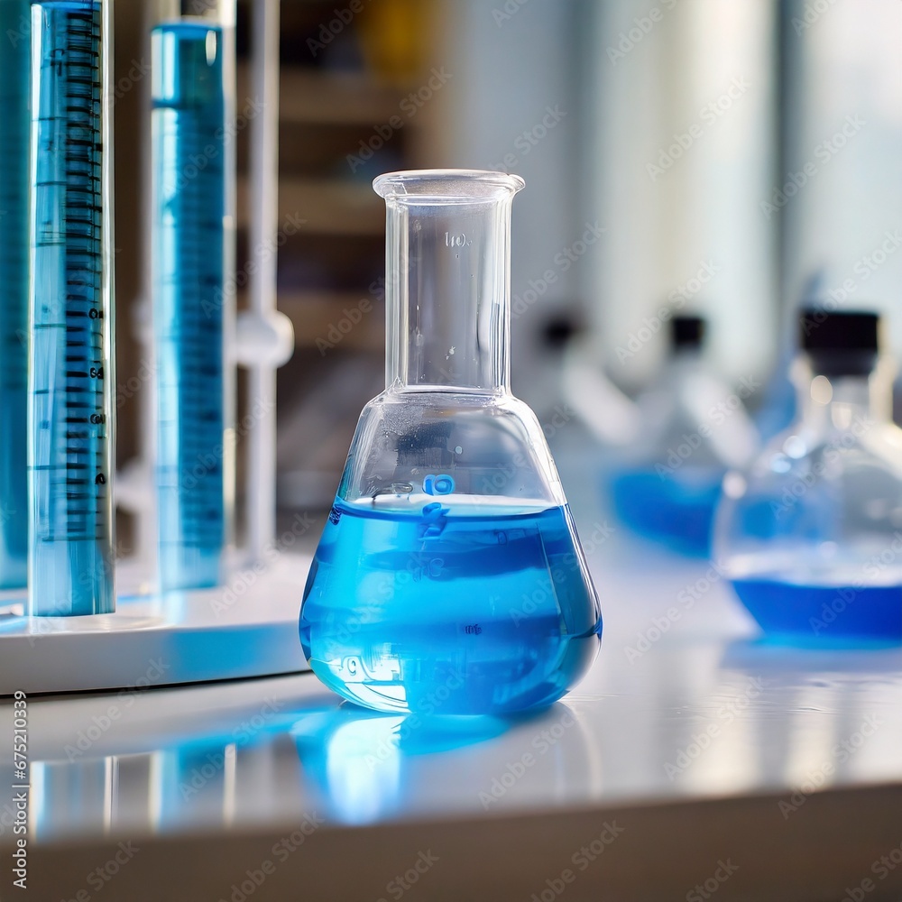 Probeta de cristal con producto químico de color azul, en un ...