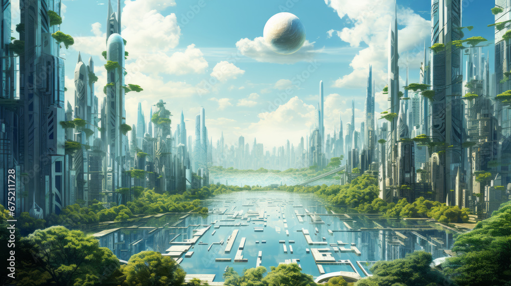 Green garden in modern city. Eco futuristic cityscape with greenery waterfront, Skyscrapers ...