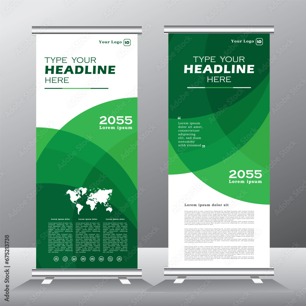 Roll up banner green wave standee business brochure template design ...