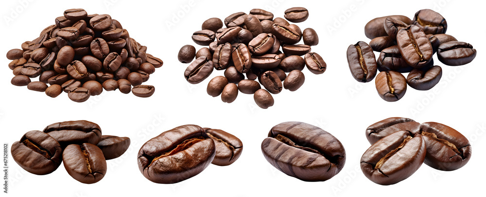 Roasted coffee beans, group stack heap front view on transparent ...