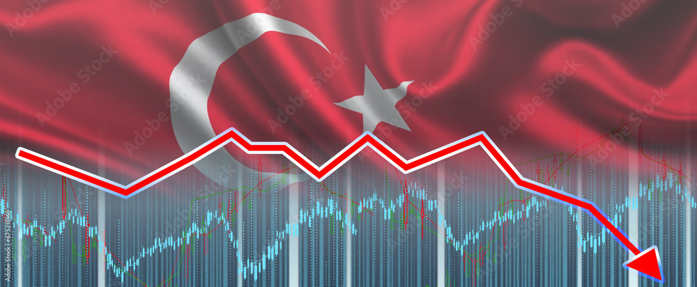 Recession graph with a red arrow on the Turkey flag, inflation. Decline ...