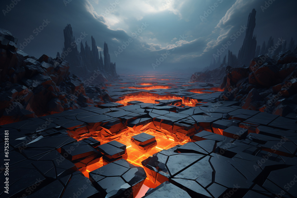 An Abstract Dark Landscape Depicting a Harsh Terrain with Cracked ...