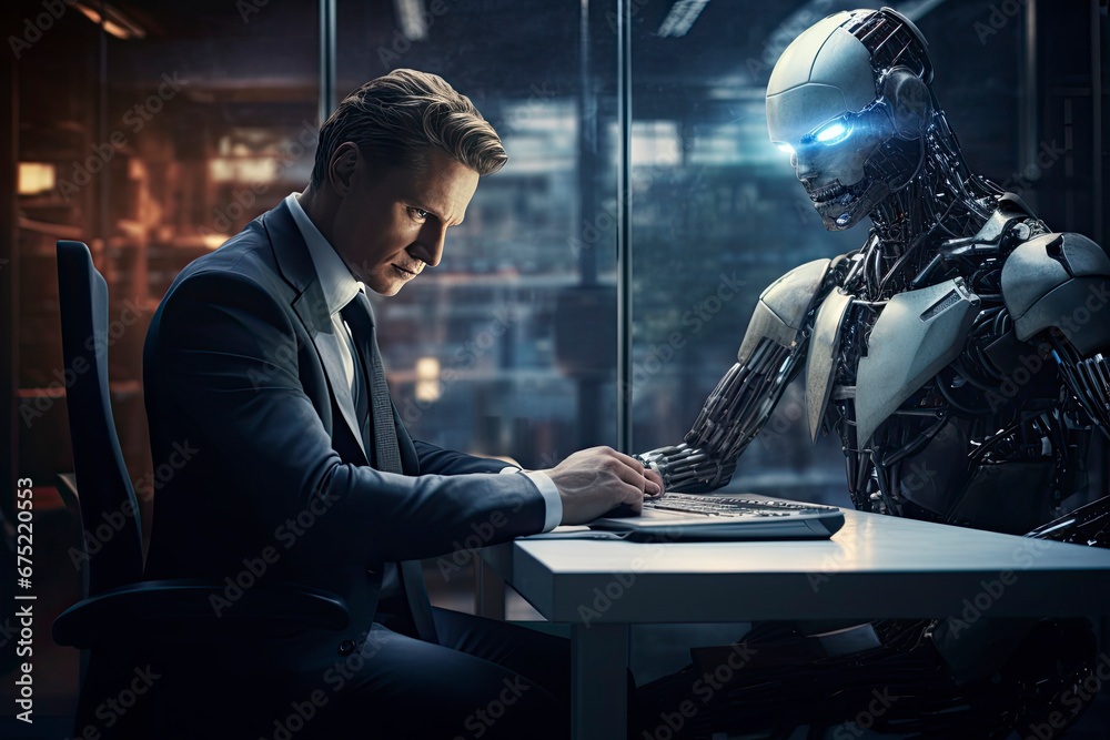 Business man working alongside an artificial intelligence cyborg in an office setting, depicting ...
