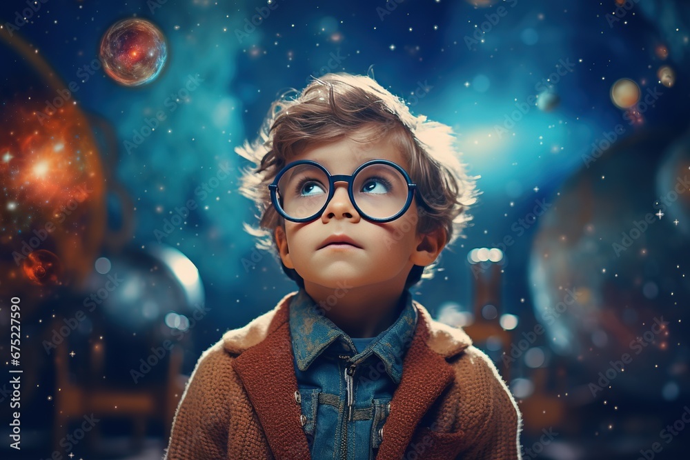 A smart boy in round glasses fantasizes about distant fantasy worlds ...