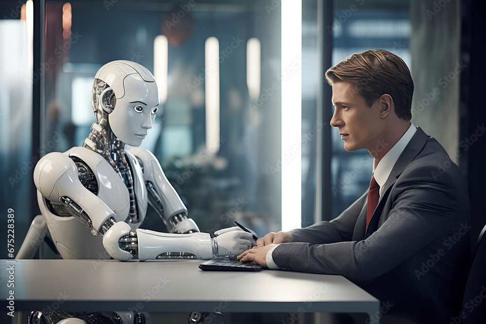 Humanoid cyborg robot and business man working on laptop, concept of ...