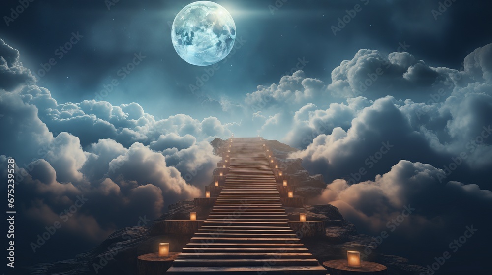 Surreal Landscape of a Dreamlike Stairway Leading to a Full Moon in a Cloudy Night Sky Stock ...