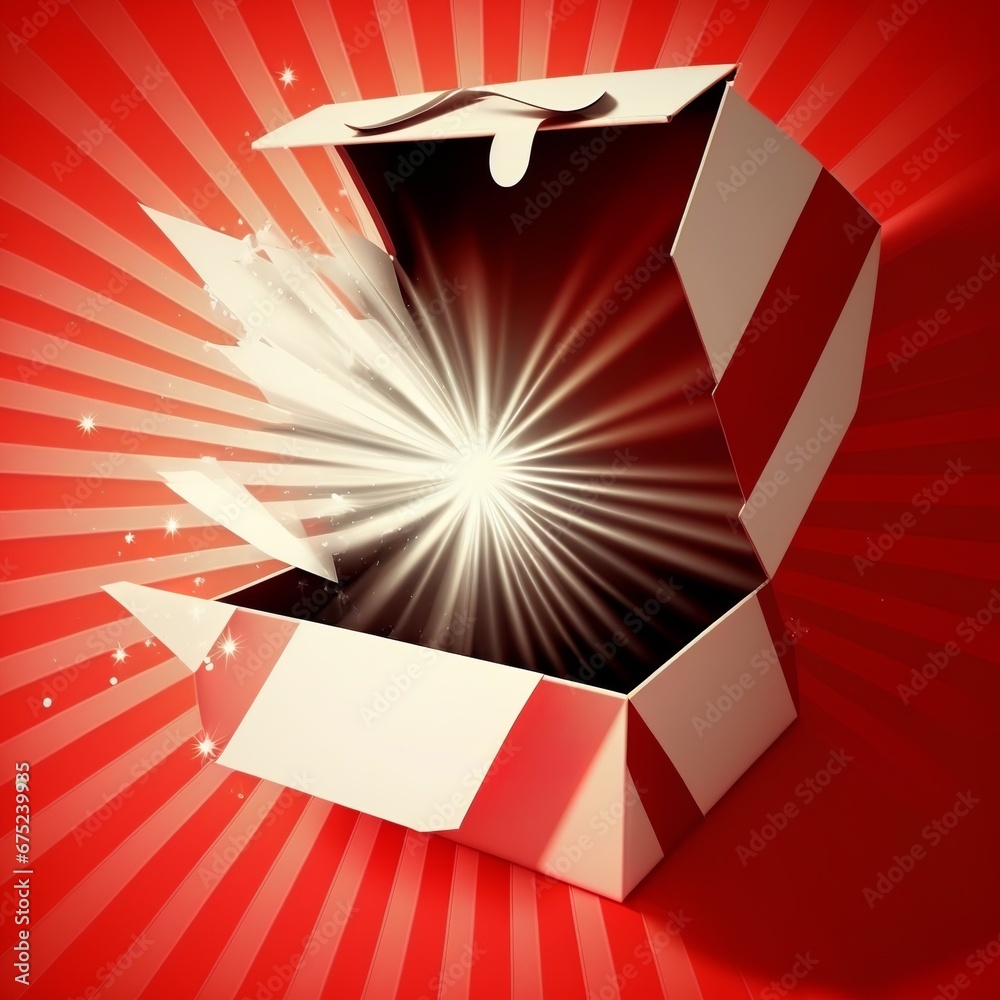 Open gift box with ray of light effect on red background. 3d rendering ...