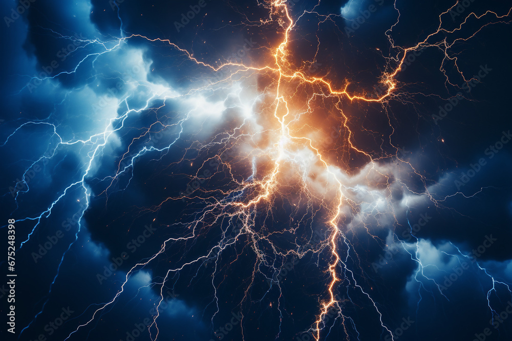 synergy and complexity of thunderstorm with lightning, embodying turbulent clouds, electrical ...