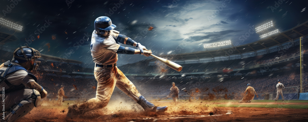 baseball player in action, at night stadium with spotlights. abse ball ...