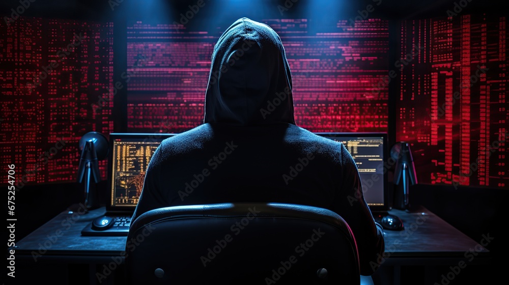 shadowy world of hacking with a mesmerizing depiction of an anonymous hacker from the back ...