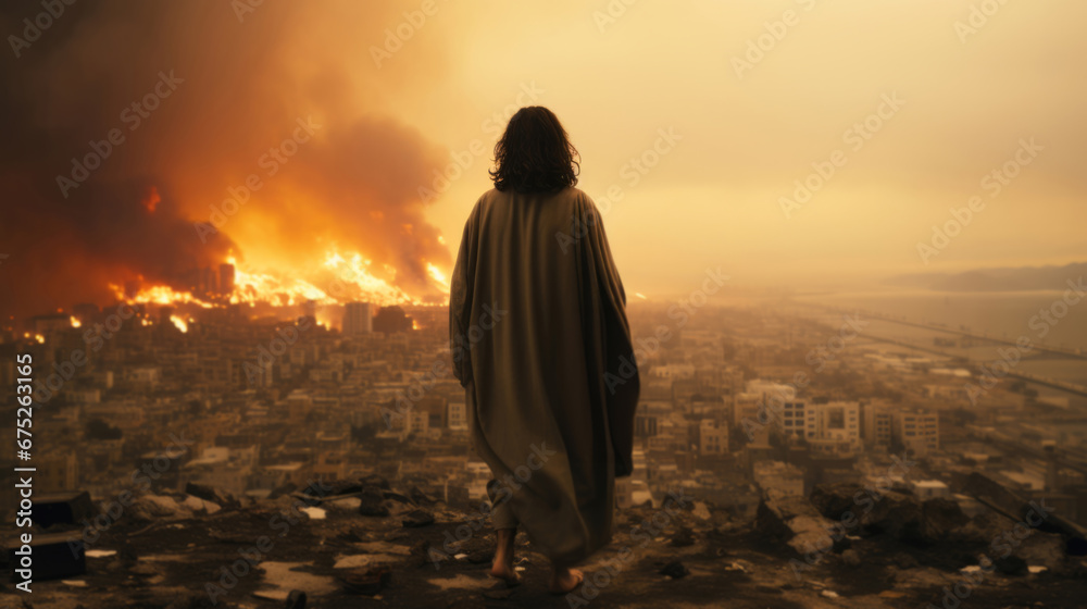 Figure, ruins and city with buildings in destroyed, apocalyptic or ...