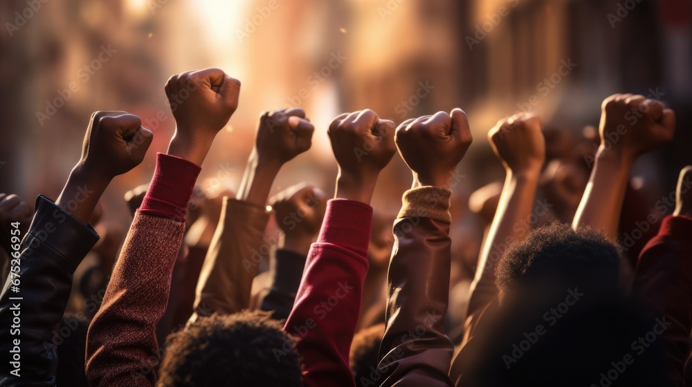 United Against Racism: A Diverse Crowd of People Raised Fists While ...