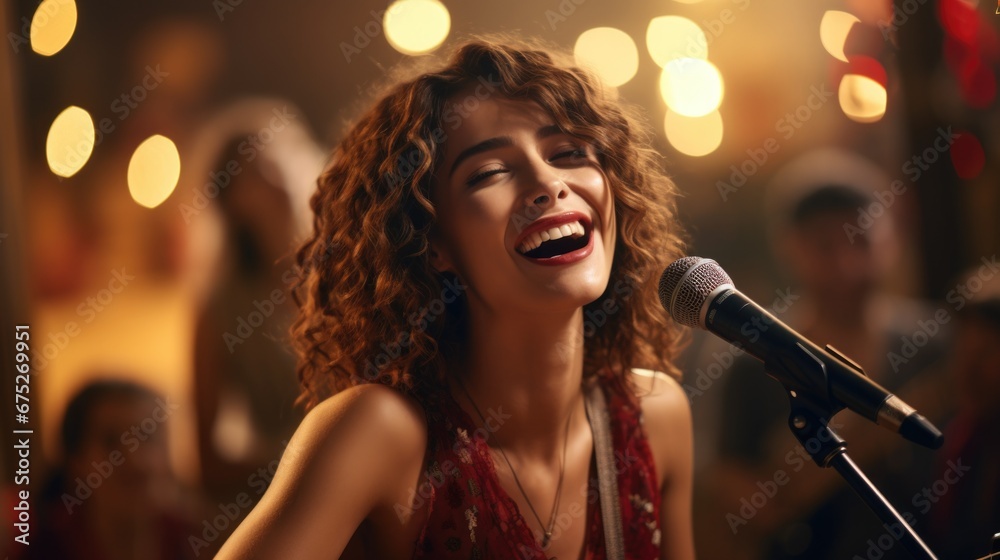 Beautiful singing girl curly afro hair. Beauty woman singer sing with ...