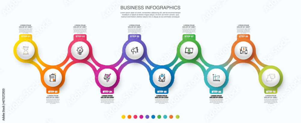Vetor de Vector timeline infographics template with ten circles and ...