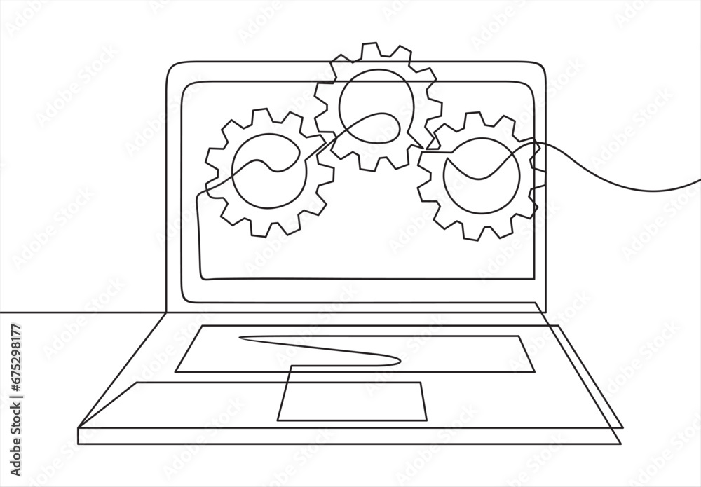 continuous one single line drawing of laptop and gears, Adjusting app ...